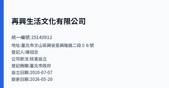 再興生活文化有限公司的照片-統編 25143912(臺北市) 公司登記資料與營業項目詳細圖表