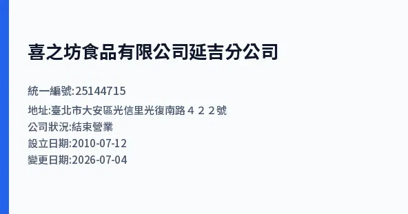 喜之坊食品有限公司延吉分公司的照片-統編 25144715(臺北市) 公司登記資料與營業項目詳細圖表