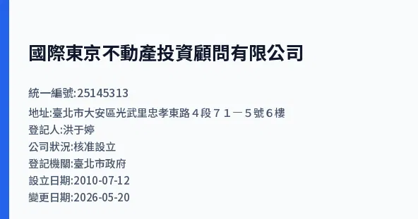 國際東京不動產投資顧問有限公司的照片-統編 25145313(臺北市) 公司登記資料與營業項目詳細圖表