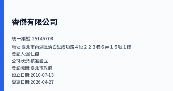 睿傑有限公司的照片-統編 25145708(臺北市) 公司登記資料與營業項目詳細圖表
