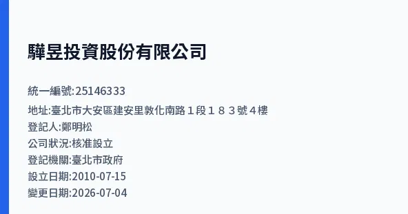 驊昱投資股份有限公司的照片-統編 25146333(臺北市) 公司登記資料與營業項目詳細圖表