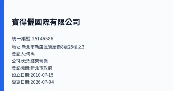 寶得儷國際有限公司的照片-統編 25146586(新北市) 公司登記資料與營業項目詳細圖表