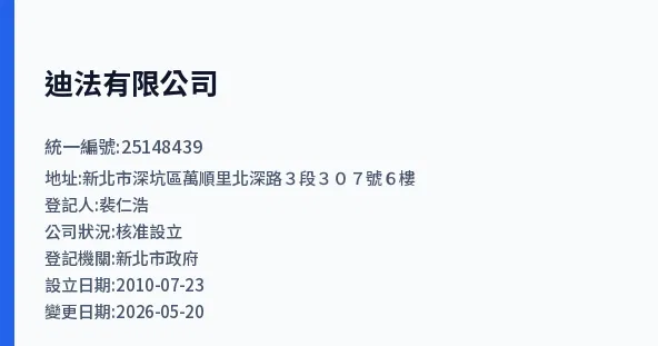 迪法有限公司的照片-統編 25148439(新北市) 公司登記資料與營業項目詳細圖表