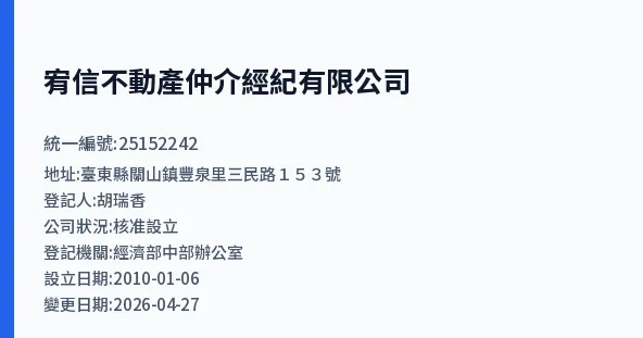 宥信不動產仲介經紀有限公司的照片-統編 25152242(臺東縣) 公司登記資料與營業項目詳細圖表