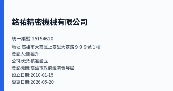 銘祐精密機械有限公司的照片-統編 25154620(高雄市) 公司登記資料與營業項目詳細圖表