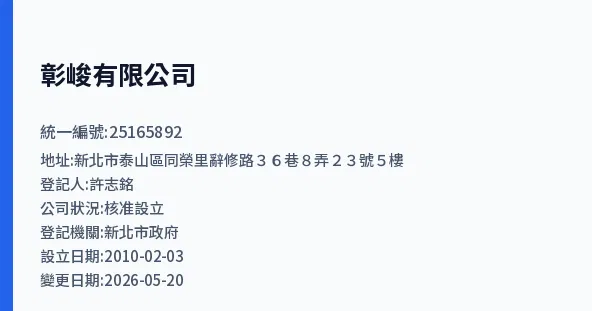 彰峻有限公司的照片-統編 25165892(新北市) 公司登記資料與營業項目詳細圖表