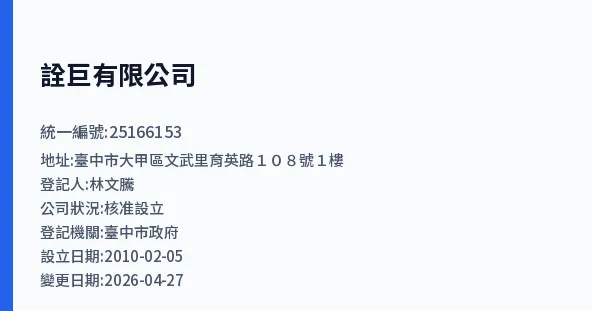 詮巨有限公司的照片-統編 25166153(臺中市) 公司登記資料與營業項目詳細圖表