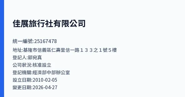 佳展旅行社有限公司的照片-統編 25167478(基隆市) 公司登記資料與營業項目詳細圖表