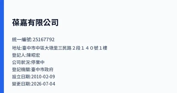 葆嘉有限公司的照片-統編 25167792(臺中市) 公司登記資料與營業項目詳細圖表