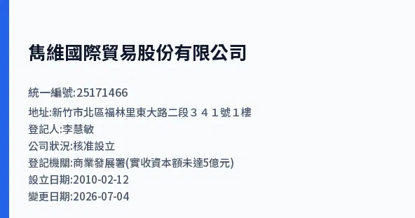 雋維國際貿易股份有限公司的照片-統編 25171466(新竹市) 公司登記資料與營業項目詳細圖表