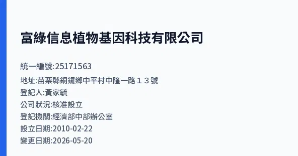 富綠信息植物基因科技有限公司的照片-統編 25171563(苗栗縣) 公司登記資料與營業項目詳細圖表