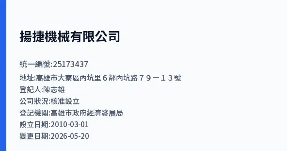 揚捷機械有限公司的照片-統編 25173437(高雄市) 公司登記資料與營業項目詳細圖表