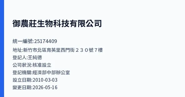 御農莊生物科技有限公司的照片-統編 25174409(新竹市) 公司登記資料與營業項目詳細圖表