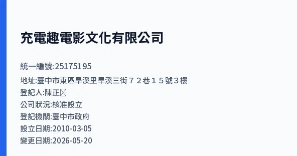 充電趣電影文化有限公司的照片-統編 25175195(臺中市) 公司登記資料與營業項目詳細圖表