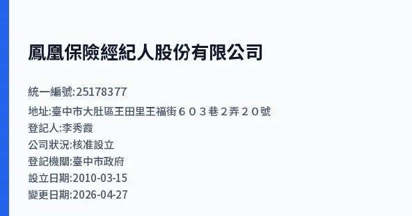 鳳凰保險經紀人股份有限公司的照片-統編 25178377(臺中市) 公司登記資料與營業項目詳細圖表