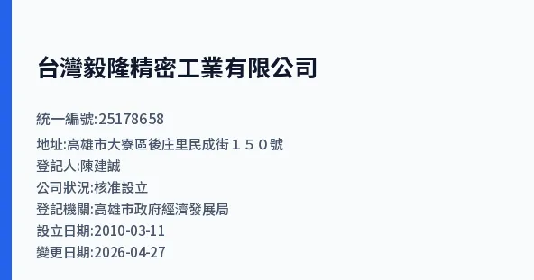 台灣毅隆精密工業有限公司的照片-統編 25178658(高雄市) 公司登記資料與營業項目詳細圖表