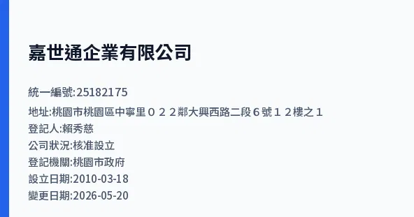 嘉世通企業有限公司的照片-統編 25182175(桃園市) 公司登記資料與營業項目詳細圖表