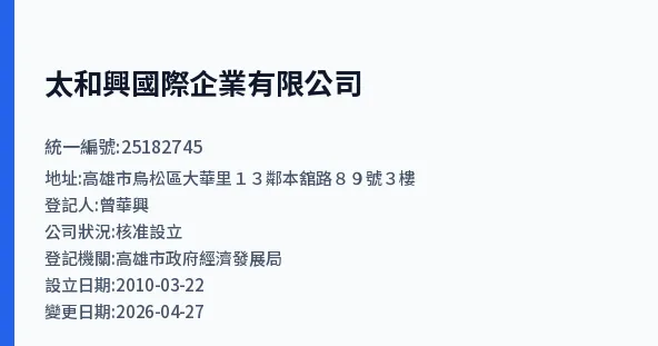 太和興國際企業有限公司的照片-統編 25182745(高雄市) 公司登記資料與營業項目詳細圖表