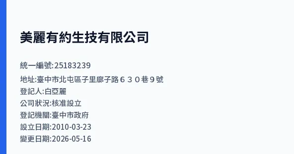 美麗有約生技有限公司的照片-統編 25183239(臺中市) 公司登記資料與營業項目詳細圖表