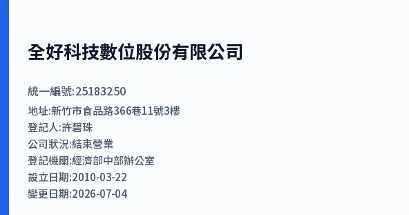 全好科技數位股份有限公司的照片-統編 25183250(新竹縣) 公司登記資料與營業項目詳細圖表