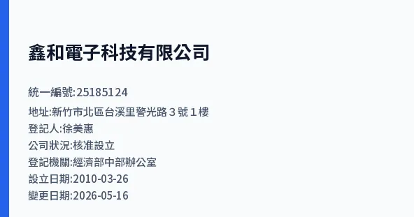 鑫和電子科技有限公司的照片-統編 25185124(新竹市) 公司登記資料與營業項目詳細圖表