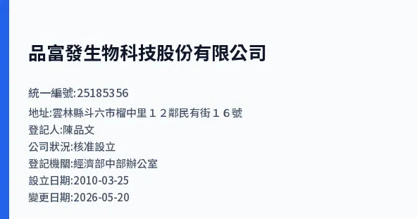 品富發生物科技股份有限公司的照片-統編 25185356(雲林縣) 公司登記資料與營業項目詳細圖表