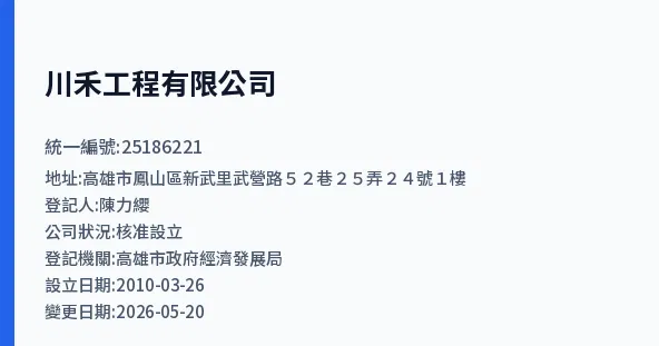 川禾工程有限公司的照片-統編 25186221(高雄市) 公司登記資料與營業項目詳細圖表