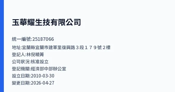 玉華耀生技有限公司的照片-統編 25187066(宜蘭縣) 公司登記資料與營業項目詳細圖表