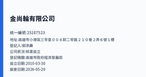 金尚輪有限公司的照片-統編 25187523(高雄市) 公司登記資料與營業項目詳細圖表
