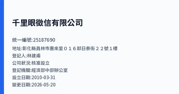 千里眼徵信有限公司的照片-統編 25187690(彰化縣) 公司登記資料與營業項目詳細圖表
