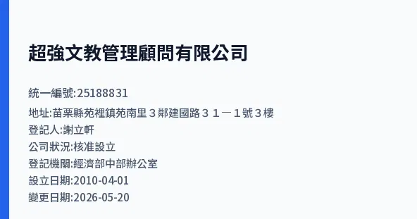 超強文教管理顧問有限公司的照片-統編 25188831(苗栗縣) 公司登記資料與營業項目詳細圖表