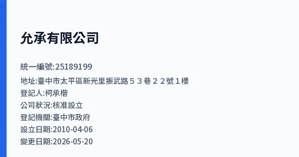 允承有限公司的照片-統編 25189199(臺中市) 公司登記資料與營業項目詳細圖表