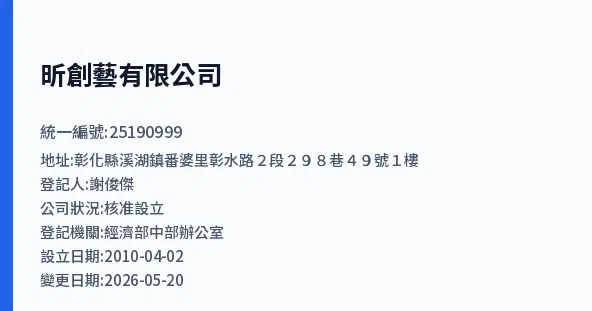 昕創藝有限公司的照片-統編 25190999(彰化縣) 公司登記資料與營業項目詳細圖表