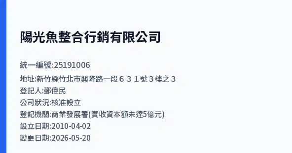 陽光魚整合行銷有限公司的照片-統編 25191006(新竹縣) 公司登記資料與營業項目詳細圖表