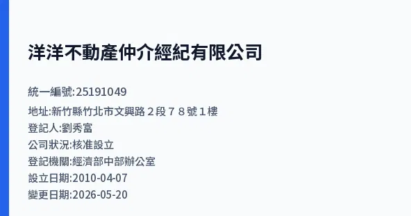 洋洋不動產仲介經紀有限公司的照片-統編 25191049(新竹縣) 公司登記資料與營業項目詳細圖表