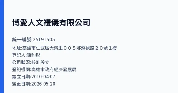 博愛人文禮儀有限公司的照片-統編 25191505(高雄市) 公司登記資料與營業項目詳細圖表