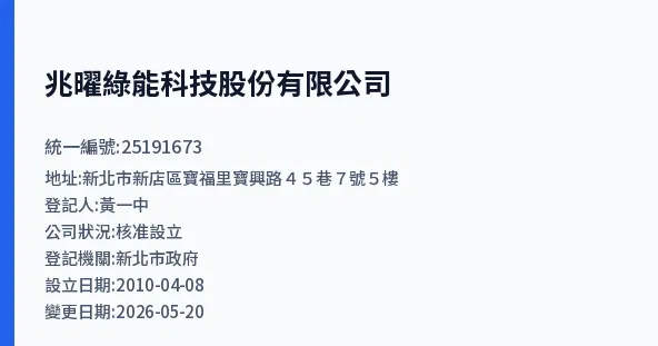 兆曜綠能科技股份有限公司的照片-統編 25191673(新北市) 公司登記資料與營業項目詳細圖表
