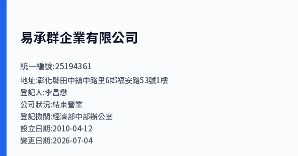 易承群企業有限公司的照片-統編 25194361(彰化縣) 公司登記資料與營業項目詳細圖表