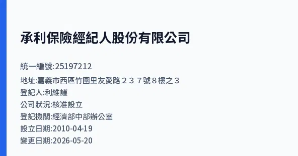 承利保險經紀人股份有限公司的照片-統編 25197212(嘉義市) 公司登記資料與營業項目詳細圖表
