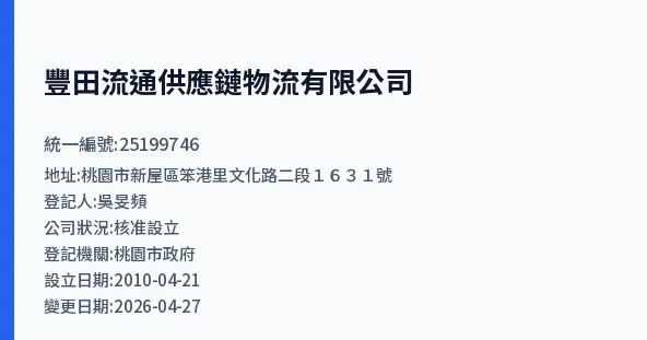 豐田流通供應鏈物流有限公司的照片-統編 25199746(桃園市) 公司登記資料與營業項目詳細圖表