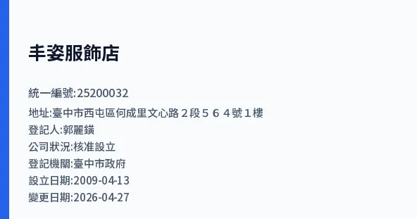 丰姿服飾店的照片-統編 25200032(臺中市) 公司登記資料與營業項目詳細圖表