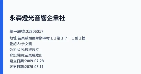 永森燈光音響企業社的照片-統編 25206057(苗栗縣) 公司登記資料與營業項目詳細圖表