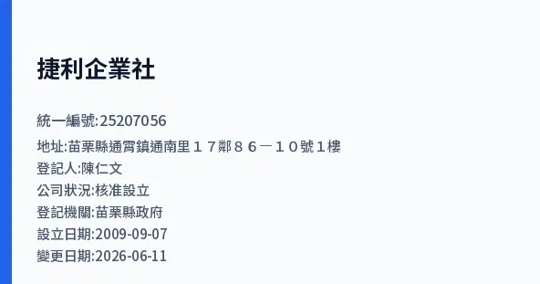 捷利企業社的照片-統編 25207056(苗栗縣) 公司登記資料與營業項目詳細圖表