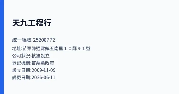 天九工程行的照片-統編 25208772(苗栗縣) 公司登記資料與營業項目詳細圖表