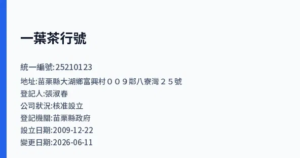 一葉茶行號的照片-統編 25210123(苗栗縣) 公司登記資料與營業項目詳細圖表
