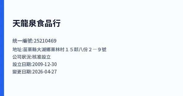 天龍泉食品行的照片-統編 25210469(苗栗縣) 公司登記資料與營業項目詳細圖表