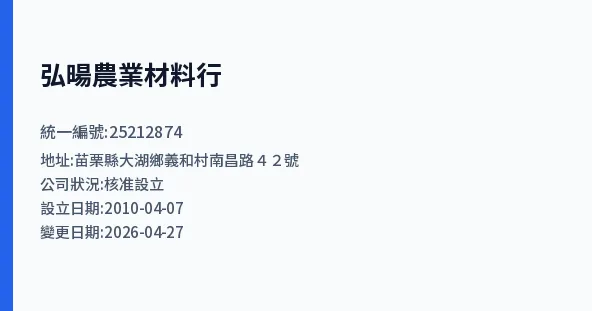 弘暘農業材料行的照片-統編 25212874(苗栗縣) 公司登記資料與營業項目詳細圖表
