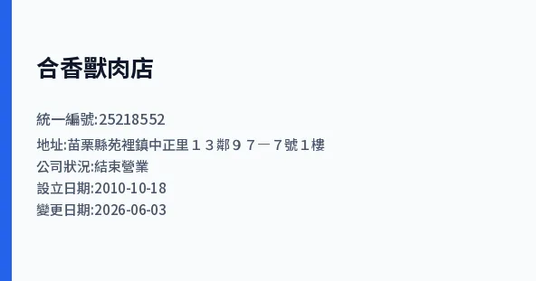 合香獸肉店的照片-統編 25218552(苗栗縣) 公司登記資料與營業項目詳細圖表