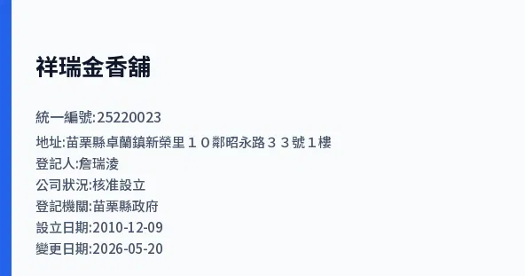 祥瑞金香舖的照片-統編 25220023(苗栗縣) 公司登記資料與營業項目詳細圖表