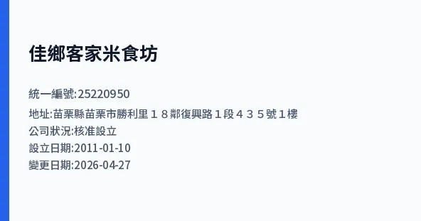 佳鄉客家米食坊的照片-統編 25220950(苗栗縣) 公司登記資料與營業項目詳細圖表